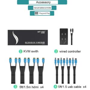 MT-VIKI 4 Port KVM Switch Hotkey HDMI w/ 4 USB Cables & 4 HDMI Cables 4K 30Hz w/ 2 USB Hubs for U Disk and Printer