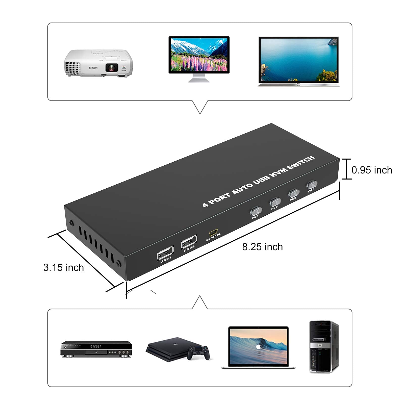 MT-VIKI 4 Port KVM Switch Hotkey HDMI w/ 4 USB Cables & 4 HDMI Cables 4K 30Hz w/ 2 USB Hubs for U Disk and Printer