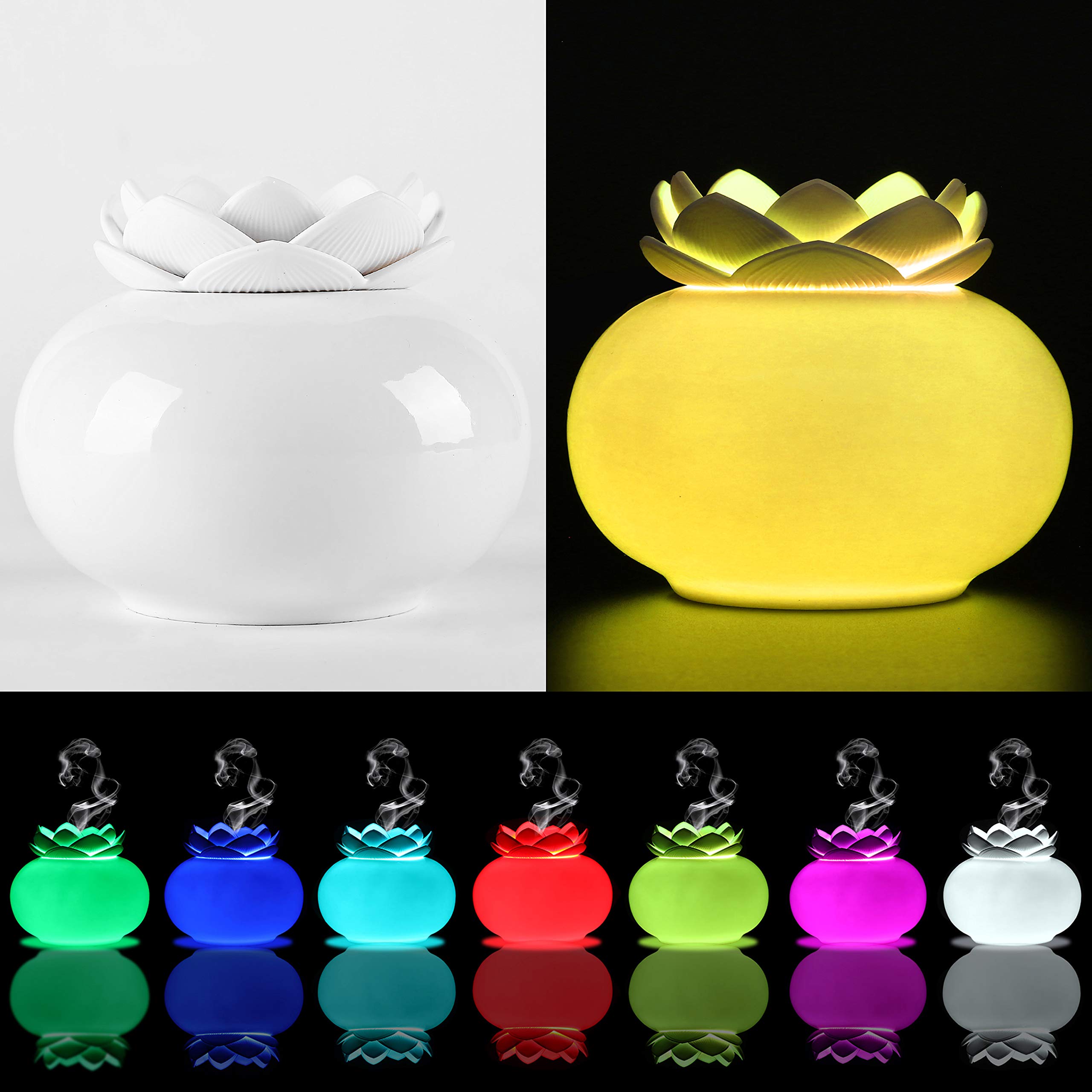 Oil Diffuser SIXKIWI Humidifiers for Bedroom Office, Ceramic Cute Lotus Personal Cool Mist Humidifier, USB Small Auto Shut-Off with 7 Colors LED Light(White)