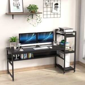 charavector tower computer desk 60 inch with 4 tier storage shelves ，modern writing desk with bookshelf pc desk study writing table for home office，black