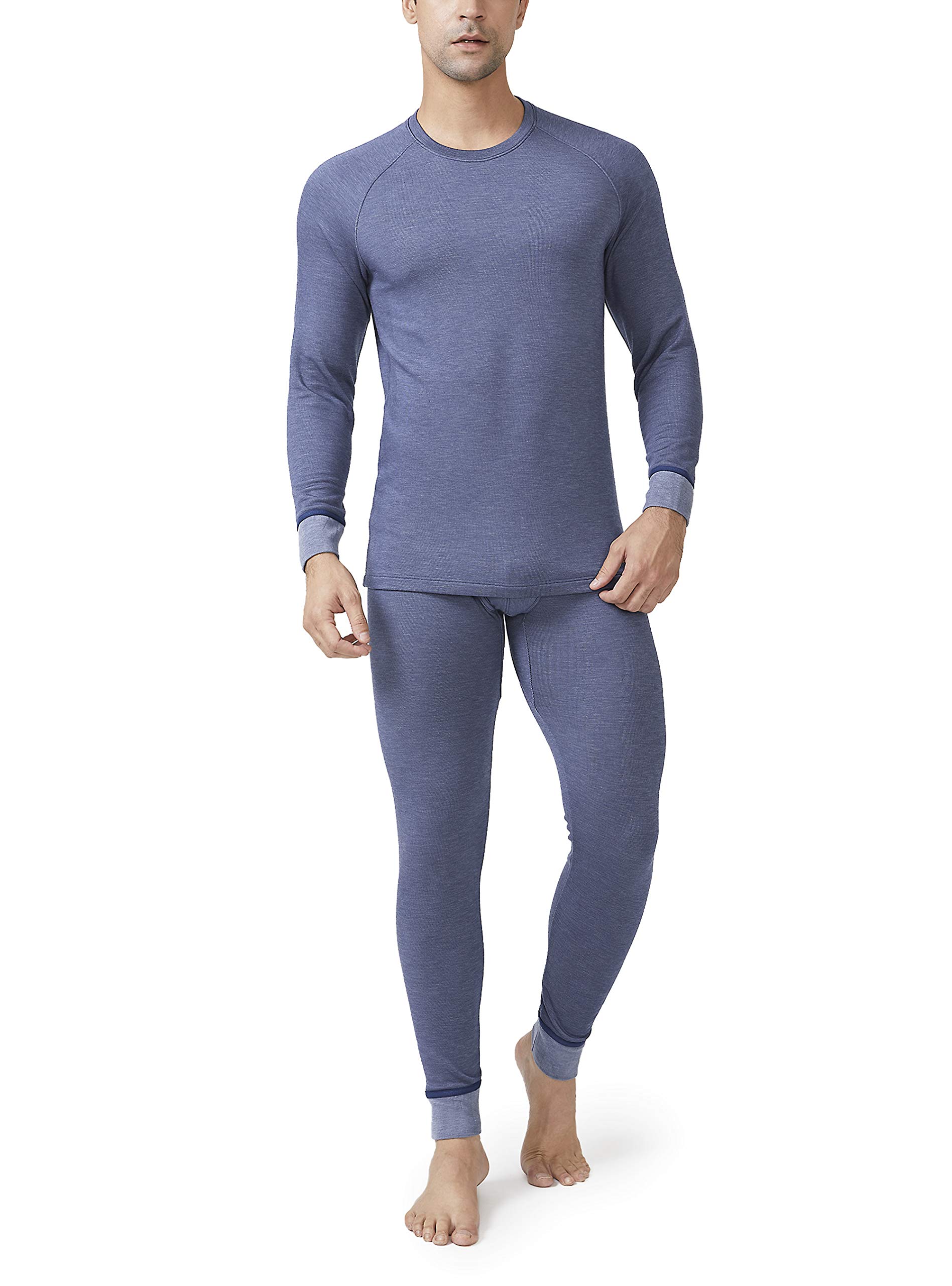 DAVID ARCHY Men's Double Layer Fleece Brushed Thermal Top & Bottom Ultra Winter Warm Stripe Thermals Set Long John with Fly (L, Bice Stripe)