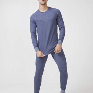 DAVID ARCHY Men's Double Layer Fleece Brushed Thermal Top & Bottom Ultra Winter Warm Stripe Thermals Set Long John with Fly (L, Bice Stripe)