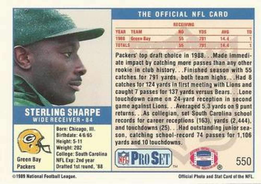 1989 Pro Set Football #550 Sterling Sharpe RC Rookie Card Green Bay Packers The Official Card of the NFL