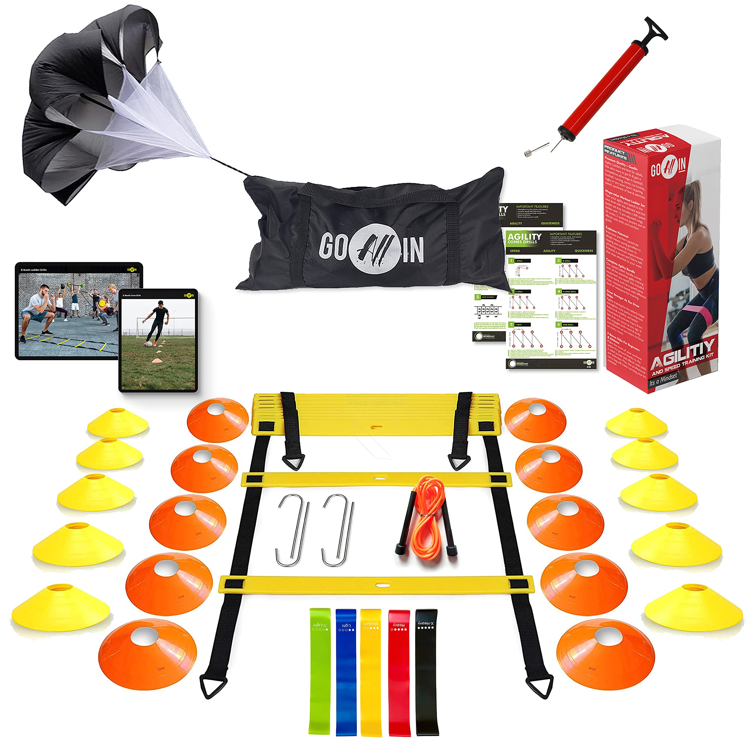 goalin Speed & Agility Training Set - Set of Premium Agility Ladder, 20 Disc Cones, Running Parachute, Jump Rope, Resistance Bands, Drill Manual - Football, Soccer, Basketball, Training Athletes