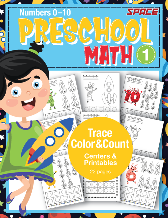 Trace, Count And Color Preschool Math 1-10 Printable Worksheets Space Rocket Galaxy Theme