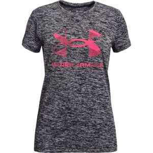 under armour graphic twist big logo short sleeve t-shirt, black (002)/cerise, youth medium