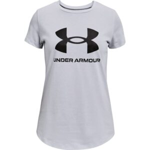 under armour live sportstyle graphic short sleeve t-shirt, mod gray light heather (011)/black, youth large