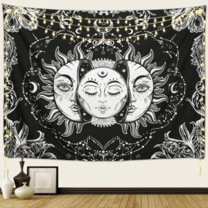 arfbear sun and moon tapestry, burning sun with stars psychedelic popular mystic wall hanging tapestry black and white beach blanket (large-79 x 59 in),dormitory