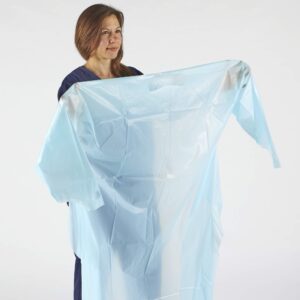 hand2mind Polyethylene, Level 1, Disposable, Non-Surgical Isolation Gowns, Blue, 150 pcs/case (10 Bags of 15 Gowns per case)