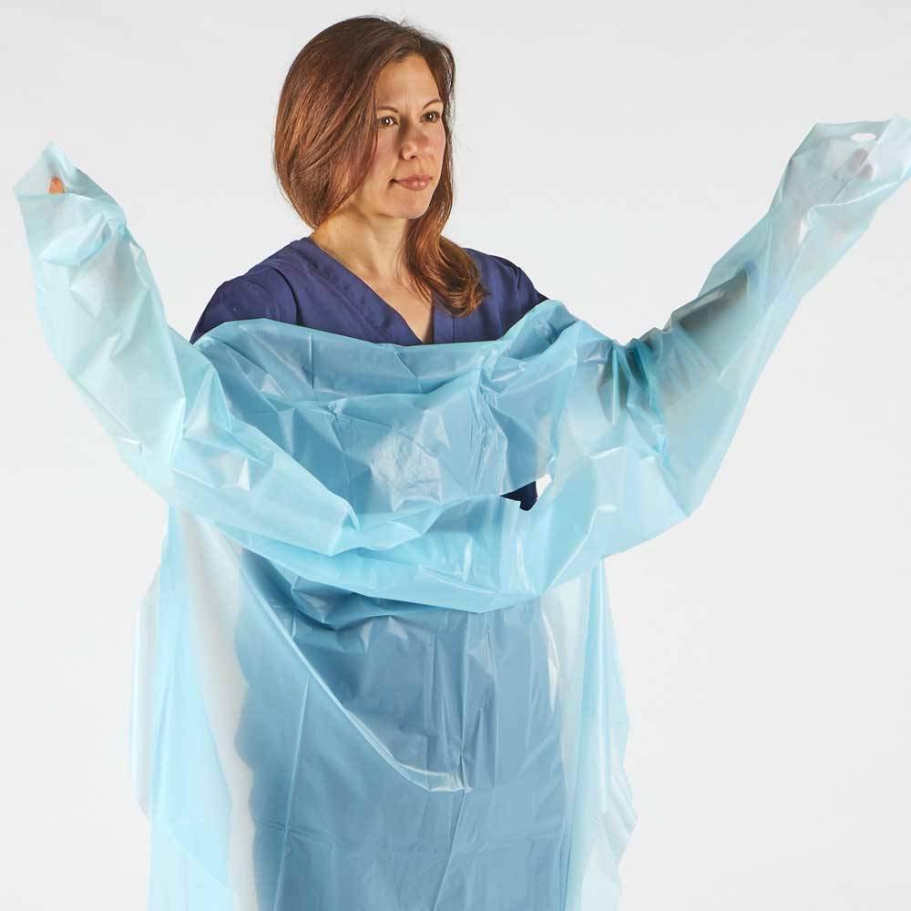 hand2mind Polyethylene, Level 1, Disposable, Non-Surgical Isolation Gowns, Blue, 150 pcs/case (10 Bags of 15 Gowns per case)