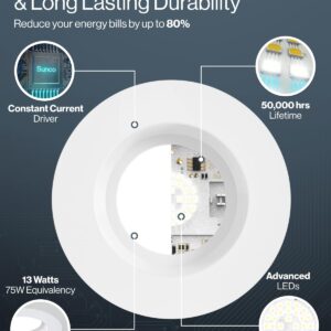 Sunco Lighting 16 Pack Retrofit LED Recessed Lighting 6 Inch, 6000K Daylight Deluxe, Dimmable Can Lights, Smooth Trim, 13W=75W, 965 LM, Damp Rated - UL Listed