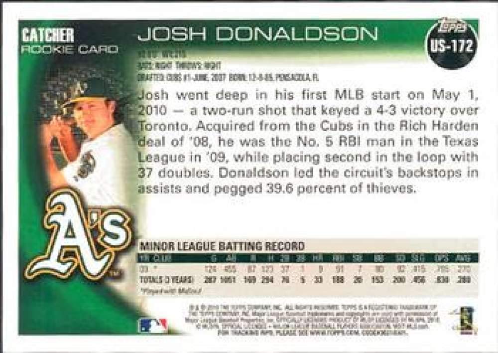 2010 Topps Update #US-172 Josh Donaldson Oakland Athletics MLB Baseball Card (RC - Rookie Card) NM-MT