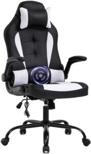 pc gaming chair ergonomic racing heavy duty office chair video game chair, massage function lumbar support with flip up arms & headrest nice chic desk chair, adjustable best home office chair - white