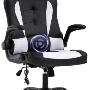 PC Gaming Chair Ergonomic Racing Heavy Duty Office Chair Video Game Chair, Massage Function Lumbar Support with Flip Up Arms & Headrest Nice Chic Desk Chair, Adjustable Best Home Office Chair - White