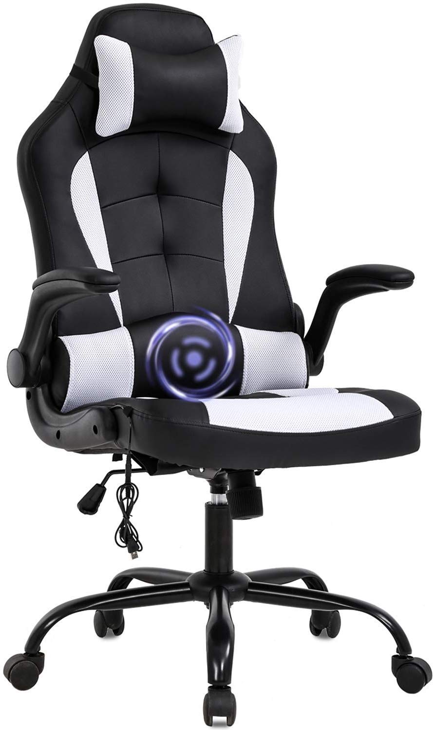 PC Gaming Chair Ergonomic Racing Heavy Duty Office Chair Video Game Chair, Massage Function Lumbar Support with Flip Up Arms & Headrest Nice Chic Desk Chair, Adjustable Best Home Office Chair - White