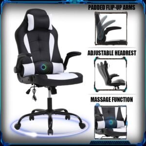 PC Gaming Chair Ergonomic Racing Heavy Duty Office Chair Video Game Chair, Massage Function Lumbar Support with Flip Up Arms & Headrest Nice Chic Desk Chair, Adjustable Best Home Office Chair - White