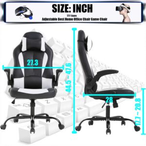 PC Gaming Chair Ergonomic Racing Heavy Duty Office Chair Video Game Chair, Massage Function Lumbar Support with Flip Up Arms & Headrest Nice Chic Desk Chair, Adjustable Best Home Office Chair - White