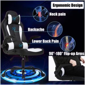 PC Gaming Chair Ergonomic Racing Heavy Duty Office Chair Video Game Chair, Massage Function Lumbar Support with Flip Up Arms & Headrest Nice Chic Desk Chair, Adjustable Best Home Office Chair - White