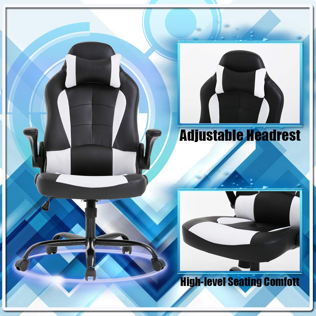 PC Gaming Chair Ergonomic Racing Heavy Duty Office Chair Video Game Chair, Massage Function Lumbar Support with Flip Up Arms & Headrest Nice Chic Desk Chair, Adjustable Best Home Office Chair - White