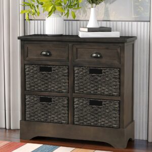 p purlove storage cabinet retro style storage unit with 2 drawers and 4 baskets for home entryway living room (dark brown)