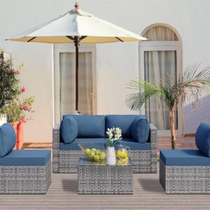 Walsunny Patio Furniture Set, 5 Pieces Outdoor Sectional Sofa Wicker Conversation Sets with Tea Table and Patio Couch Cushions(Royal Blue)