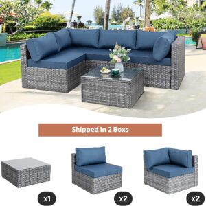 Walsunny Patio Furniture Set, 5 Pieces Outdoor Sectional Sofa Wicker Conversation Sets with Tea Table and Patio Couch Cushions(Royal Blue)