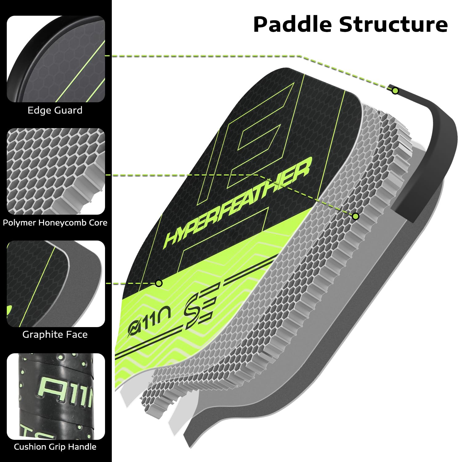 A11N Pickleball Paddles Set of 2 - USAPA Approved | 8OZ, Graphite Face & Polymer Core, Cushion Grip | 4 Balls, 1 Sling Bag, Shiny Green