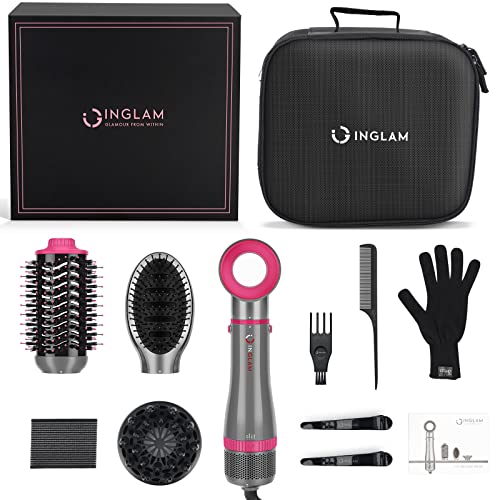 IG INGLAM 4 in 1 Blowout Brush, Negative Ion Detachable Hair Dryer & Styler Volumizer Hot Air Brush with 2 Styling Brush Heads, Silver