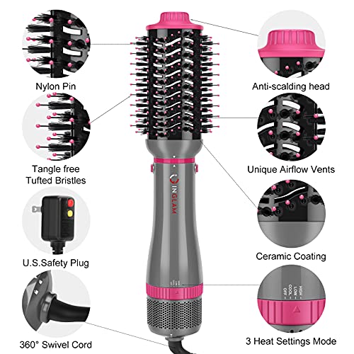 IG INGLAM 4 in 1 Blowout Brush, Negative Ion Detachable Hair Dryer & Styler Volumizer Hot Air Brush with 2 Styling Brush Heads, Silver