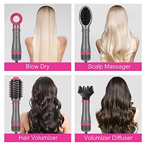 IG INGLAM 4 in 1 Blowout Brush, Negative Ion Detachable Hair Dryer & Styler Volumizer Hot Air Brush with 2 Styling Brush Heads, Silver