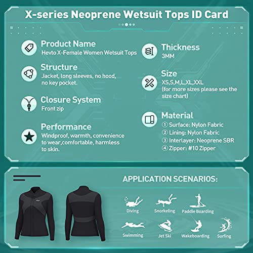 Hevto Wetsuits Tops X Women 3mm Neoprene Jacket Long Sleeve Surfing Swimming Front Zip Keep Warm (X-Women Gray, S2)