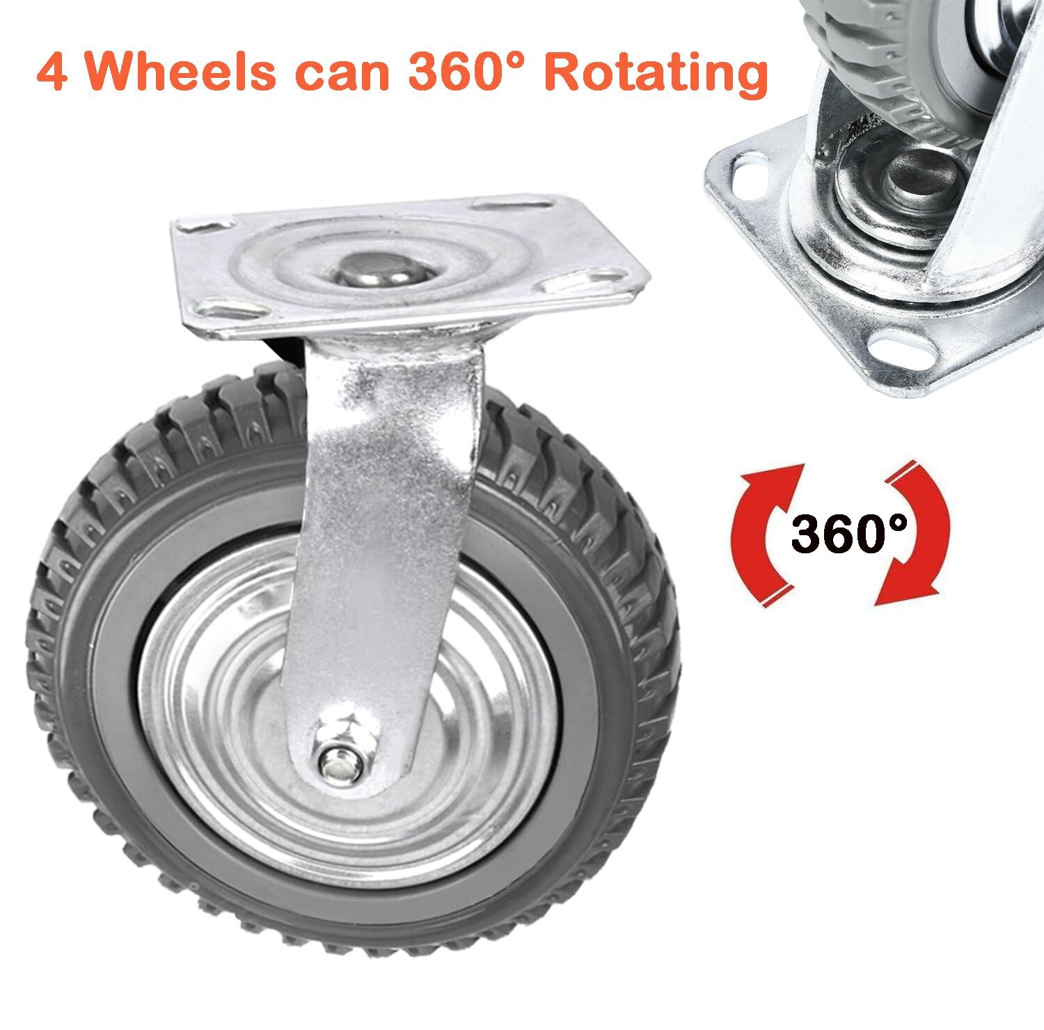 uyoyous 6'' x 2'' Caster Wheel Heavy Duty 4 Pack Cart Swivel Wheels Load 1760 lbs Silent Ball Bearing Solid Wheel with 360° Rotation Top Plate (2 with Brakes& 2 Without)