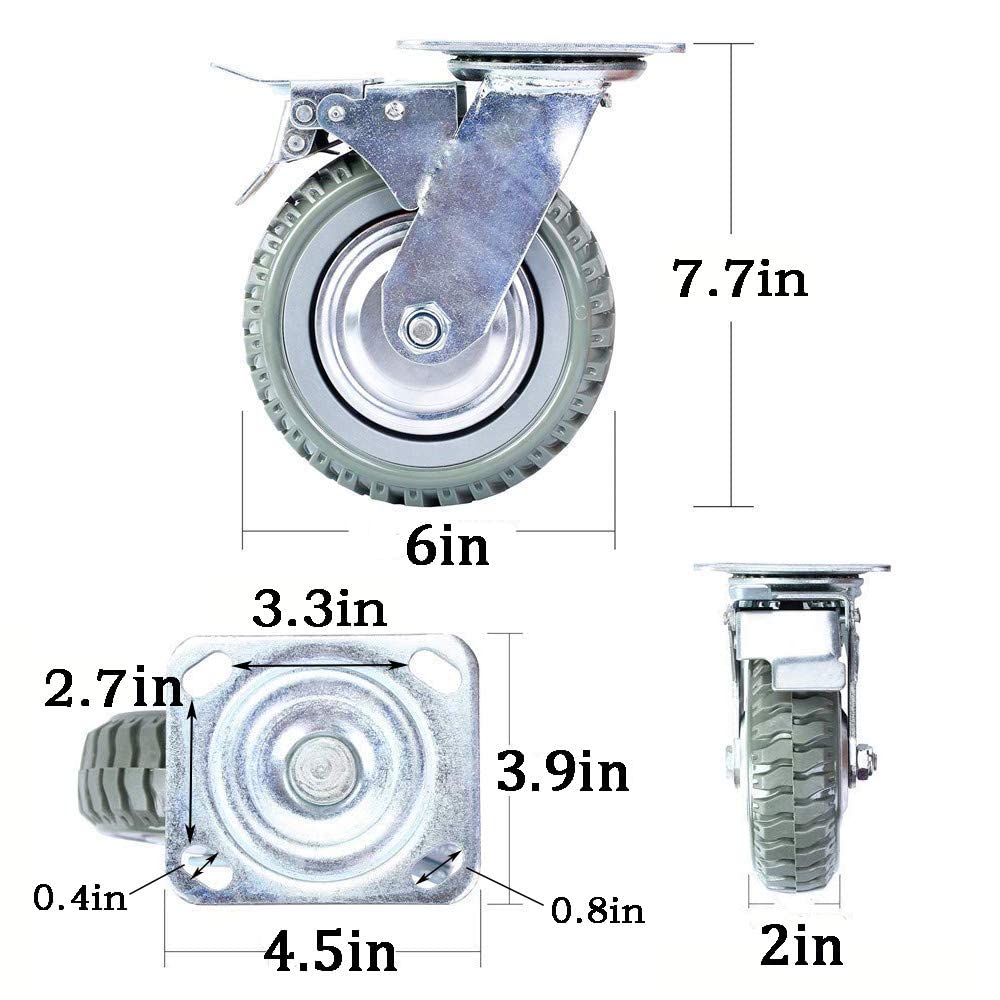 uyoyous 6'' x 2'' Caster Wheel Heavy Duty 4 Pack Cart Swivel Wheels Load 1760 lbs Silent Ball Bearing Solid Wheel with 360° Rotation Top Plate (2 with Brakes& 2 Without)