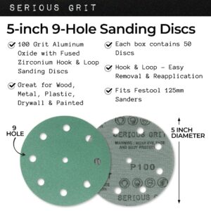 Serious Grit - 5-Inch 9-Hole 100 Grit Sanding Discs - Heavy-Duty Hook & Loop Film Discs - Sandpaper for Random Orbital Sanders - 50 Pack Box