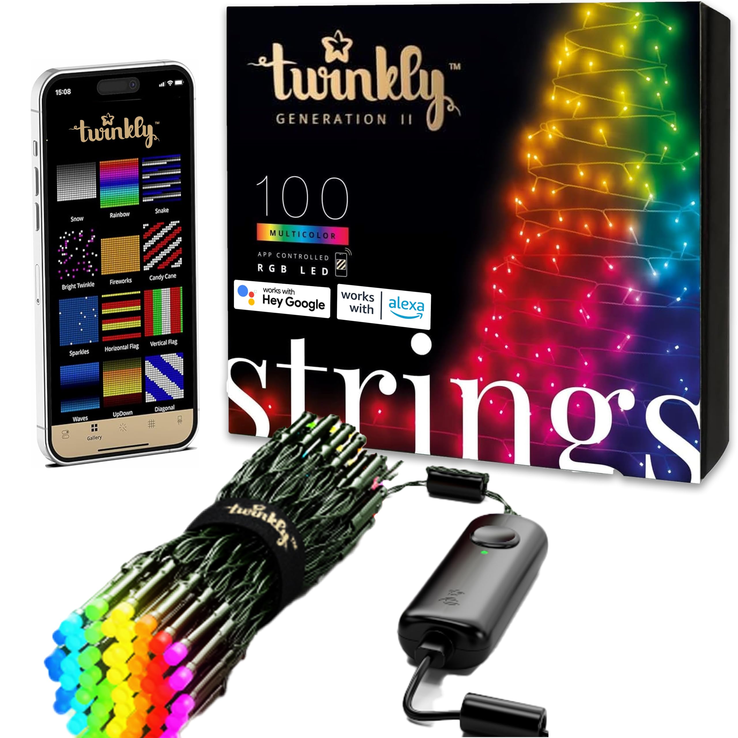 Twinkly App-Controlled 26.2ft Smart String LED Lights with 100 RGB LEDs - WiFi & Bluetooth Connectivity, Sync with Music, Indoor/Outdoor Use (IP44), Compatible with Google Assistant & Amazon Alexa