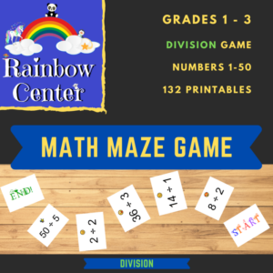 math maze game - division - printable game using all number combinations 1-50 - grades 1 to 3 - 132 printables