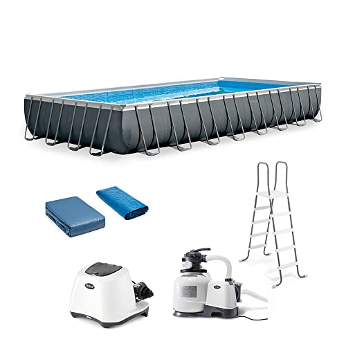 INTEX 32' x 16' x 52" Ultra XTR Frame Above-Ground Rectangular Outdoor Swimming Pool Set with Krystal Clear Saltwater System, Ladder, and Cover