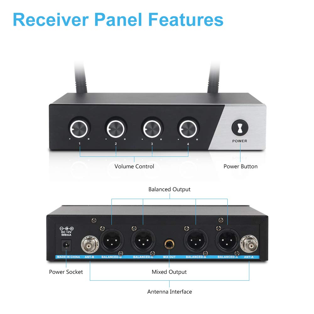 XTUGA S400 Wireless Microphone System, 4-Channel UHF Cordless Mic Set with Four Handheld Mics, Fixed Frequency, Long Range 260ft, Ideal for Church,Karaoke,Weddings, Events