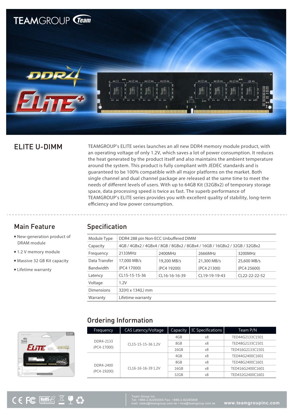 TEAMGROUP Elite DDR4 64GB Kit (2 x 32GB) 3200MHz (PC4-25600) CL22 Unbuffered Non-ECC 1.2V UDIMM 288 Pin PC Computer Desktop Memory Module Ram Upgrade - TED464G3200C22DC01