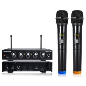 sound town 16 channels wireless microphone karaoke mixer system with optical (toslink), aux and 2 handheld microphones - supports smart tv, home theater, sound bar (swm16-pro)