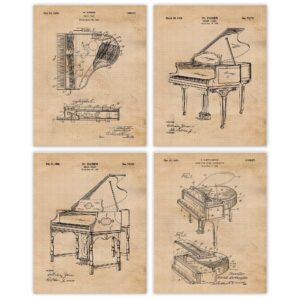 vintage piano patent prints, 4 (8x10) unframed photos, wall art decor gifts for home office salon studio music garage shop college school student teacher coach prodigy classical sound rock roll band