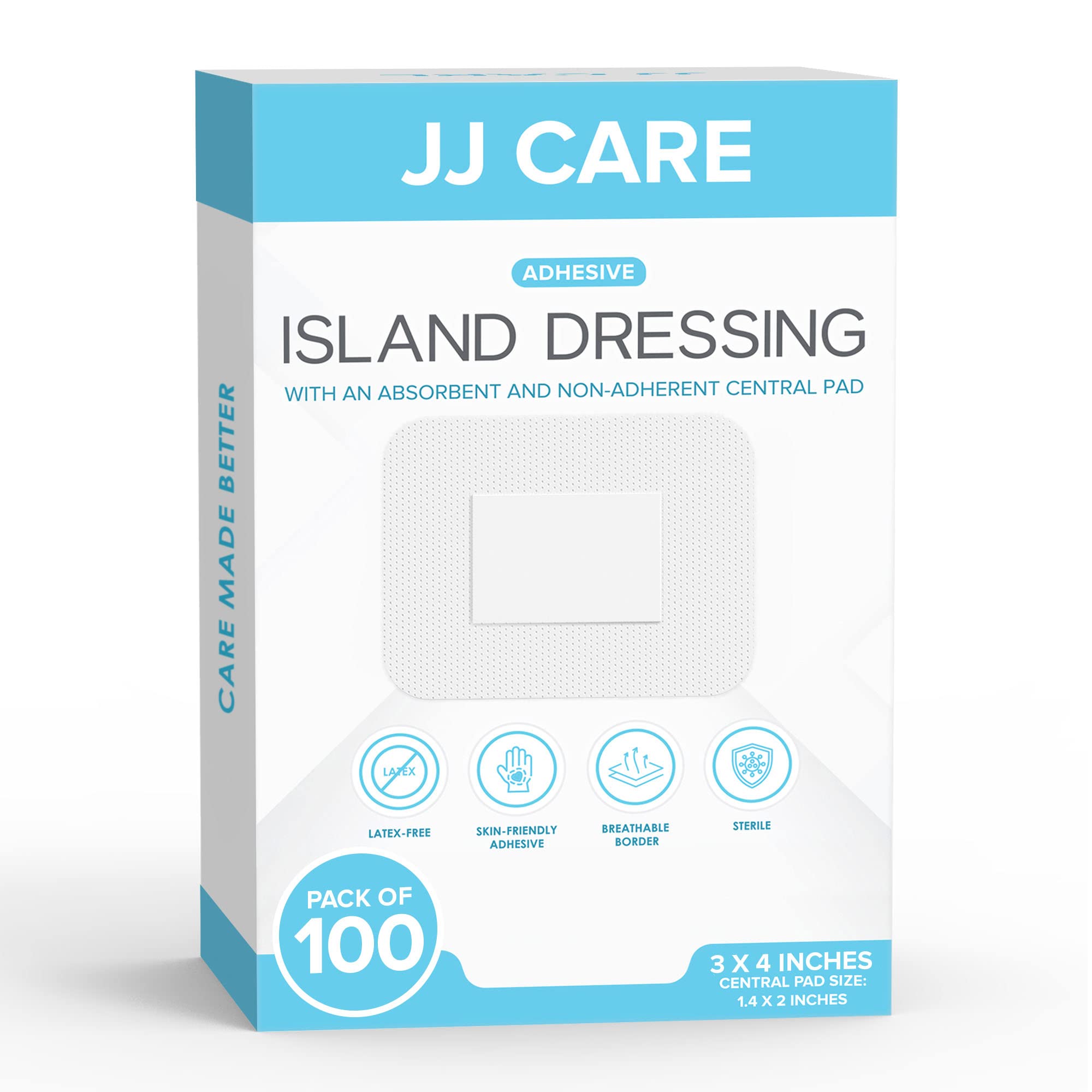 JJ CARE Adhesive Island Dressing [Pack of 100], 3x4 Sterile Bordered Gauze Dressing, Individually Wrapped Island Wound Dressing with Highly Absorbent Non-Stick Center Pad