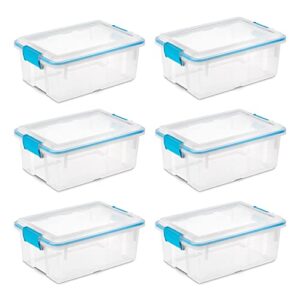 sterilite 12 qt gasket box, stackable storage bin with latching lid and tight seal, plastic container to organize basement, clear base and lid, 6-pack