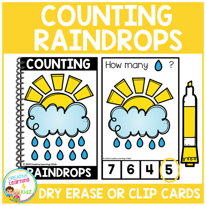 Dry Erase Counting Book/Cards or Clip Cards: Raindrops - Spring