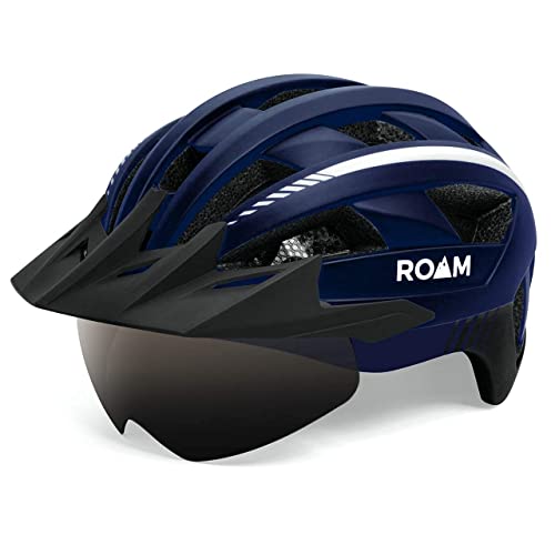 Roam Road Bike Helmet - Durable Helmets for Adults with Sun Visor, LED Light and Detachable Magnetic Goggles - Adjustable Size - Mountain Bicycle Helmet for Adult Men & Women﻿