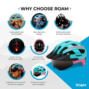 Roam Road Bike Helmet - Durable Helmets for Adults with Sun Visor, LED Light and Detachable Magnetic Goggles - Adjustable Size - Mountain Bicycle Helmet for Adult Men & Women﻿