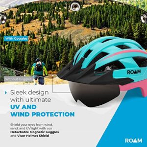 Roam Road Bike Helmet - Durable Helmets for Adults with Sun Visor, LED Light and Detachable Magnetic Goggles - Adjustable Size - Mountain Bicycle Helmet for Adult Men & Women﻿