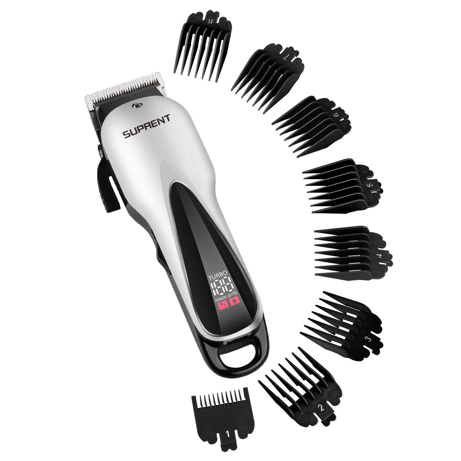 SUPRENT Hair Clippers for Men,All-Steel Self-Sharp Blade Cordless Hair Clippers Set, Long Service Life and Low Noise Hair Trimmer, with LED Display Hair Cutting Kit for Family(Silver）