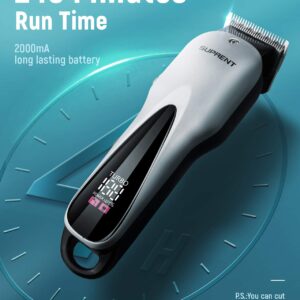 SUPRENT Hair Clippers for Men,All-Steel Self-Sharp Blade Cordless Hair Clippers Set, Long Service Life and Low Noise Hair Trimmer, with LED Display Hair Cutting Kit for Family(Silver）