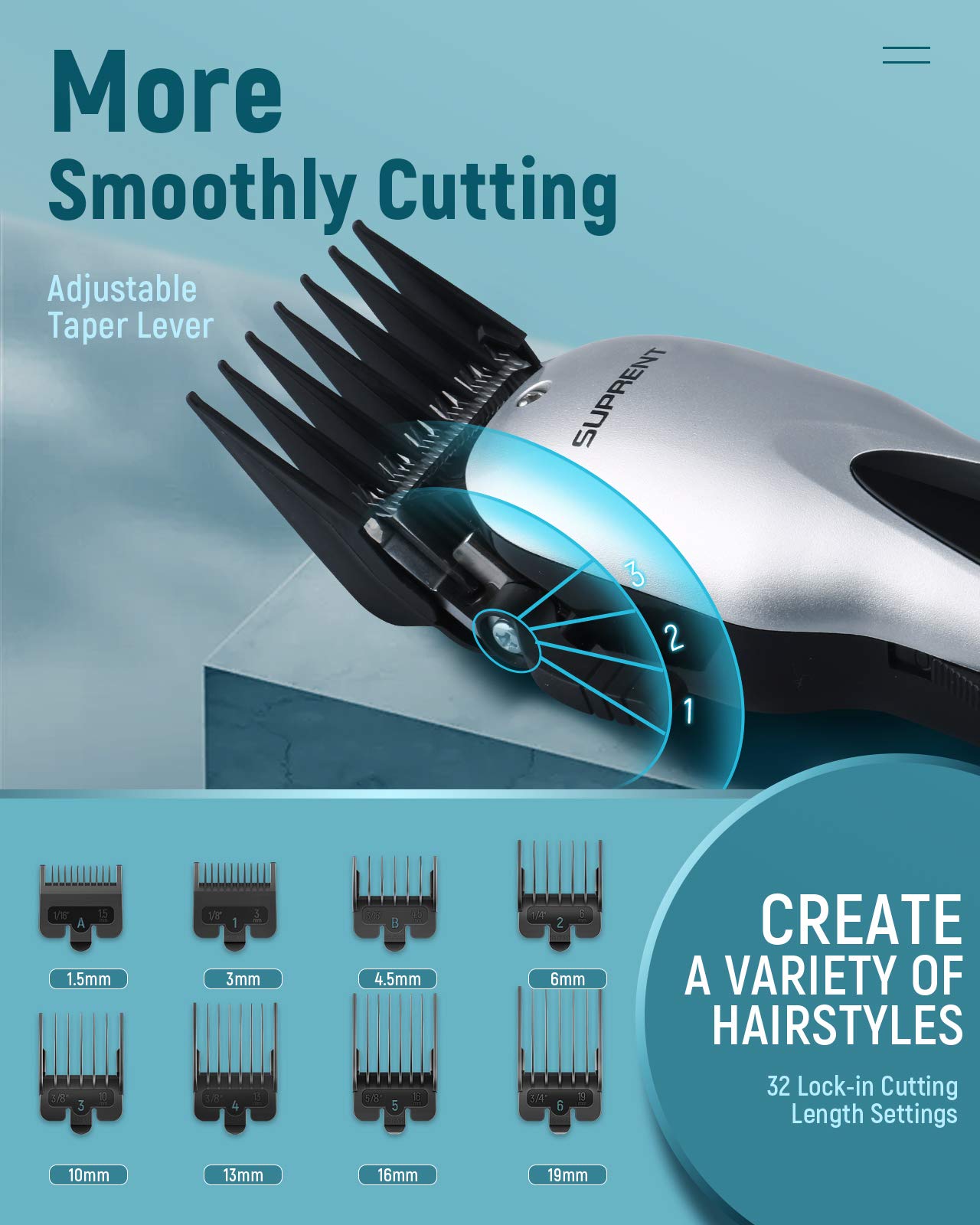 SUPRENT Hair Clippers for Men,All-Steel Self-Sharp Blade Cordless Hair Clippers Set, Long Service Life and Low Noise Hair Trimmer, with LED Display Hair Cutting Kit for Family(Silver）